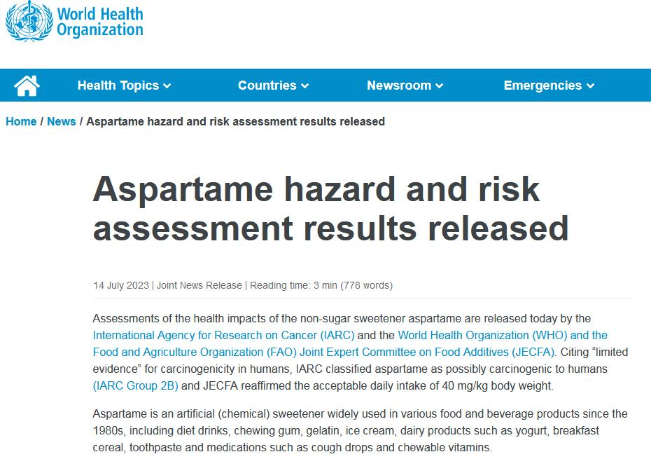 This intake is safe! World Health Organization releases aspartame carcinogenicity assessment ...