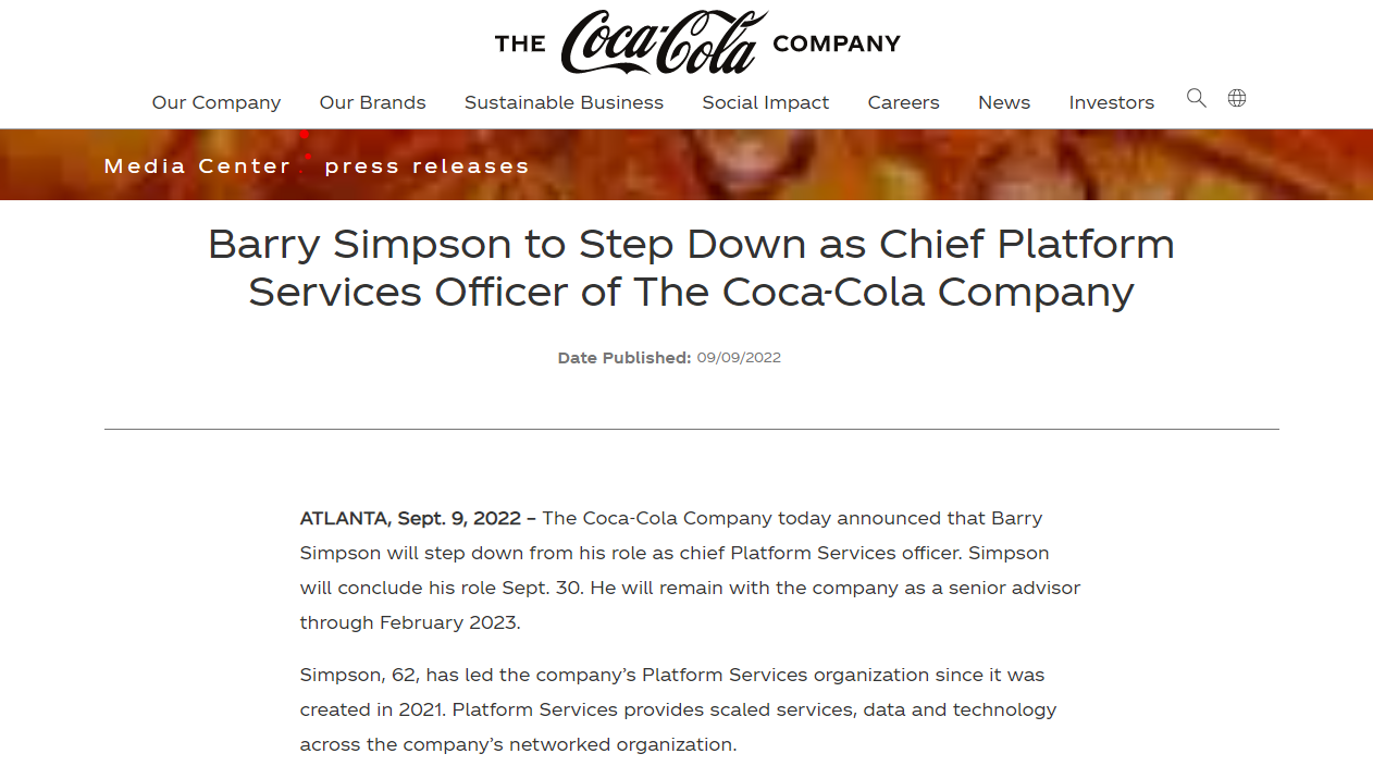 可口可乐首席平台服务官Barry Simpson将离任-FoodTalks全球食品资讯